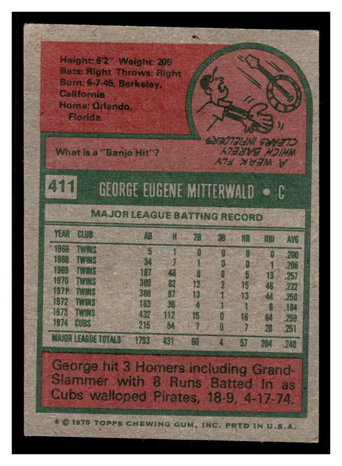1975 Topps #411 George Mitterwald - Chicago Cubs | eBay