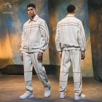 Men’s Real 100% Lambskin Leather Tracksuit Set White Sweatsuit Outfit ...