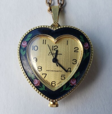 Vintage Eastman Swiss Made Antimagnetic Heart Pendant Watch Necklace 24 ...