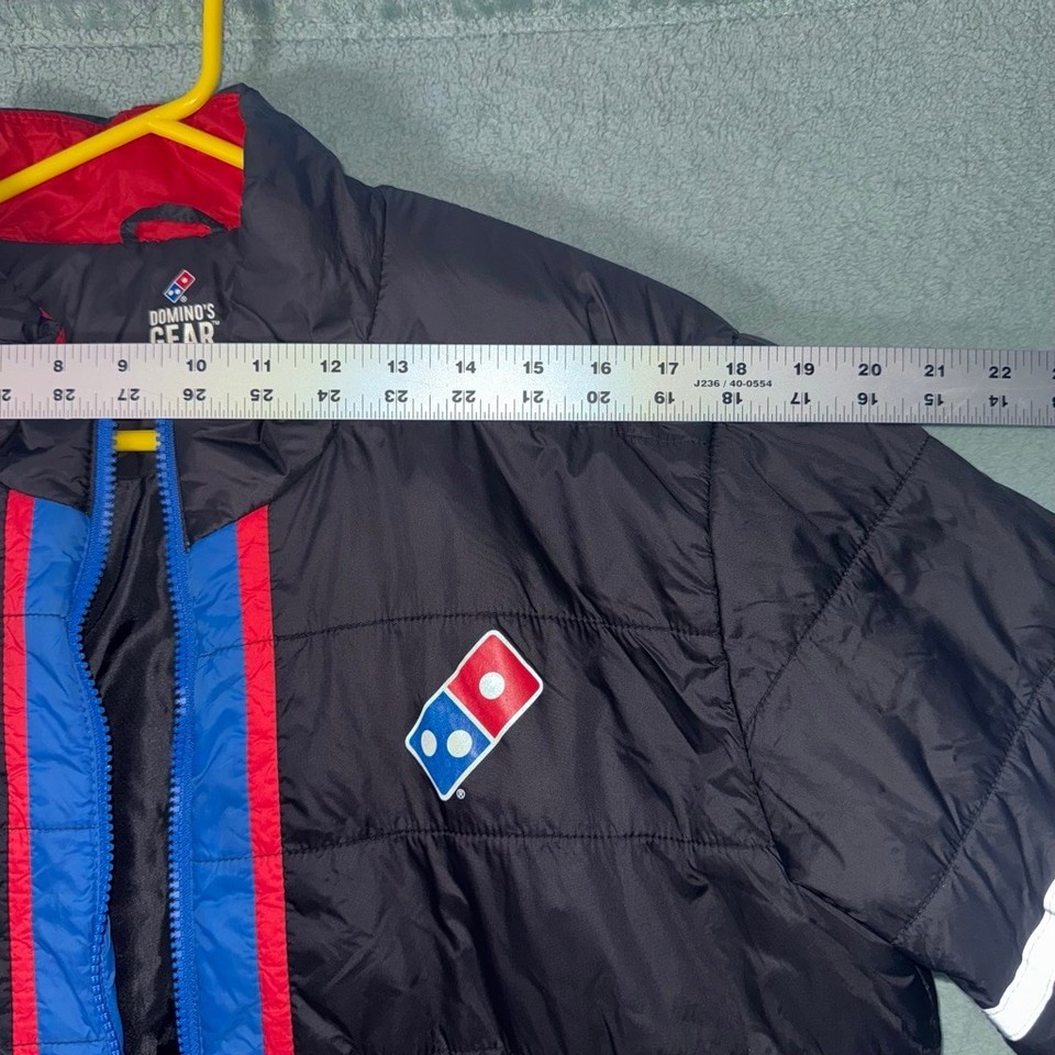 Men's Domino's Gear Puffer Jacket M Black with Red & Blue Stripes | eBay