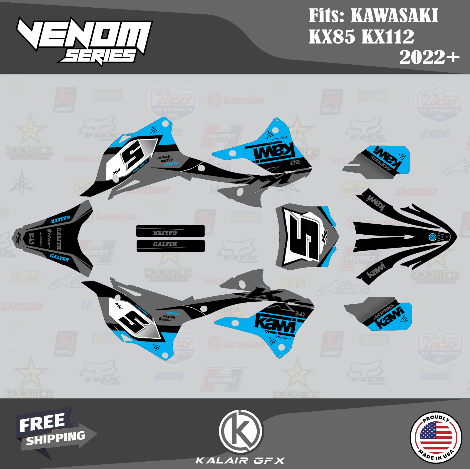 Graphics Kit for KAWASAKI KX85 KX112 2022 2023 2024 Venom Series - Cyan ...