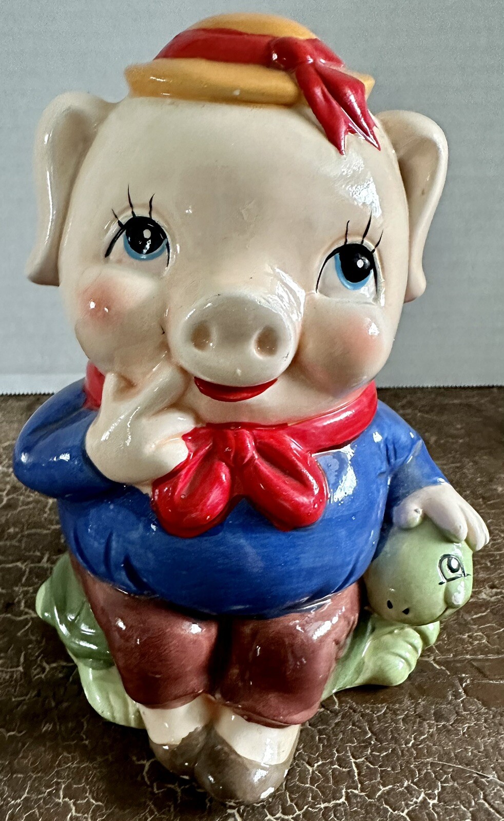 Rare Vintage Enesco Ceramic Bashful Pig Sitting On a Turtle Coin Piggy ...