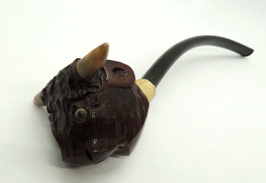 Carved Bull Head with Horns Smoking Pipe Long Stem Detailed Vintage | eBay