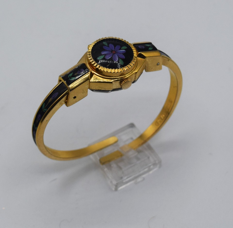 PEEKABOO VINTAGE WATCH SWISS MOVEMENT ENAMEL FLOWER GOLD WATCH 1960'S ...