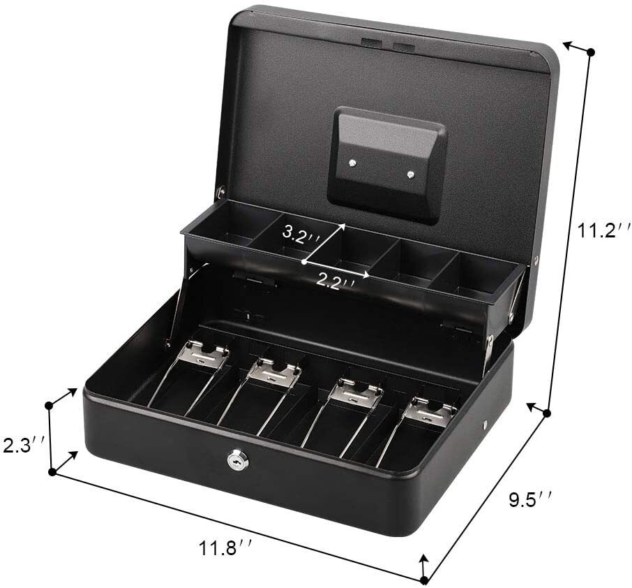 Cash Box with Lock Key and Money Tray Large Money Box for Cash Metal ...