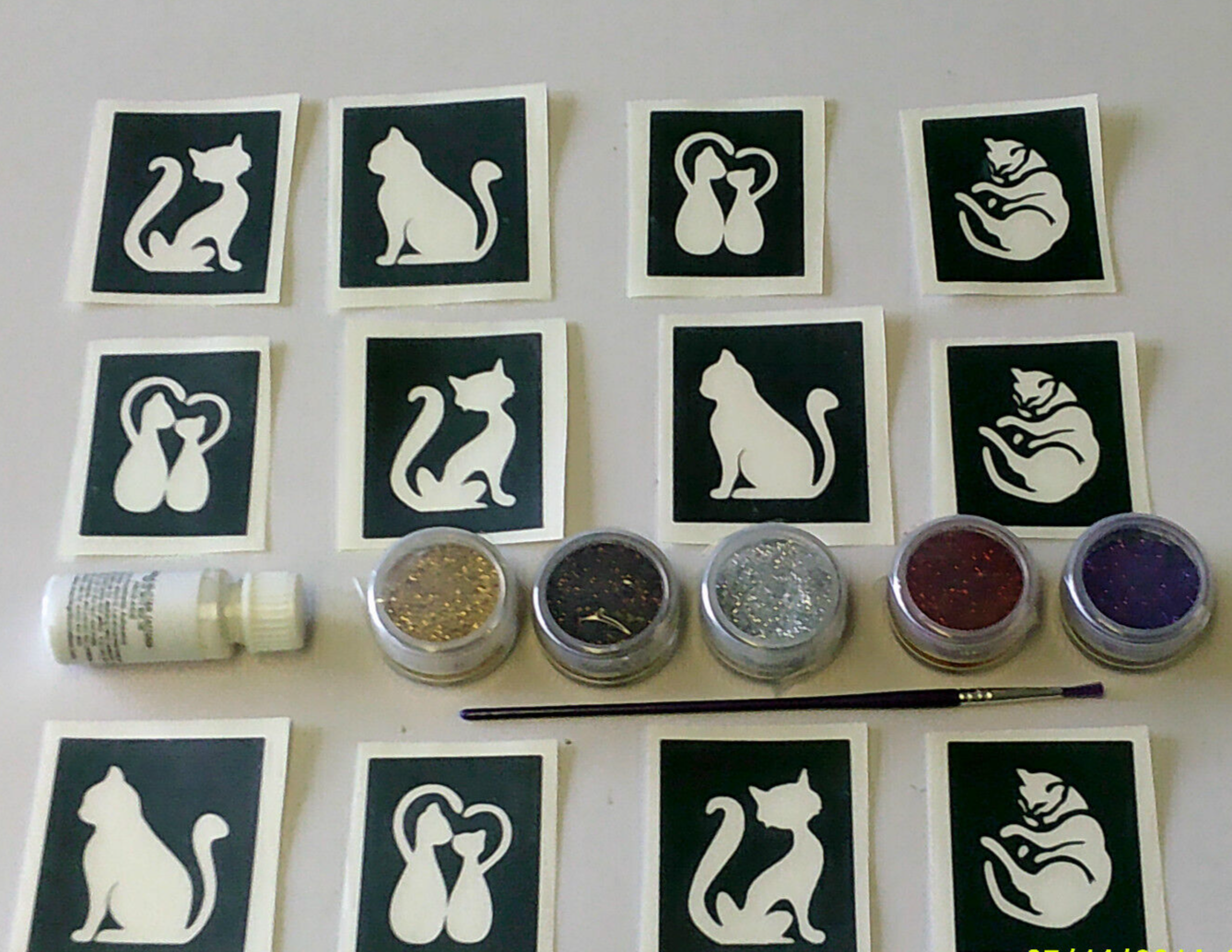 Cat themed glittertemporary tattoo set incl. stencils + glitter + glue ...