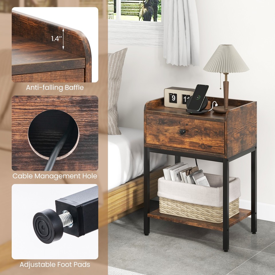 Metal Frame Narrow Bedside Table w/Drawer, Open Shelf, 2 USB Ports, 2 ...