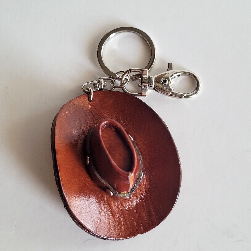 Cowboy Hat Leather Keychain Brown Handmade Ring Western Fob Key Ring ...