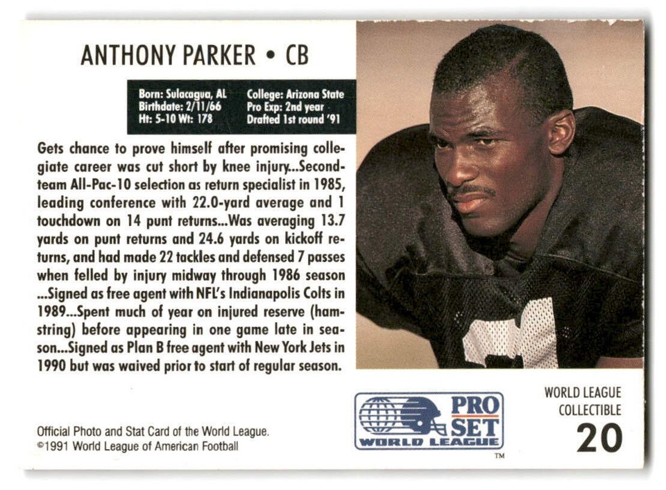 Anthony Parker 1991 Pro Set #20 NY NJ Knights FOOTBALL | eBay