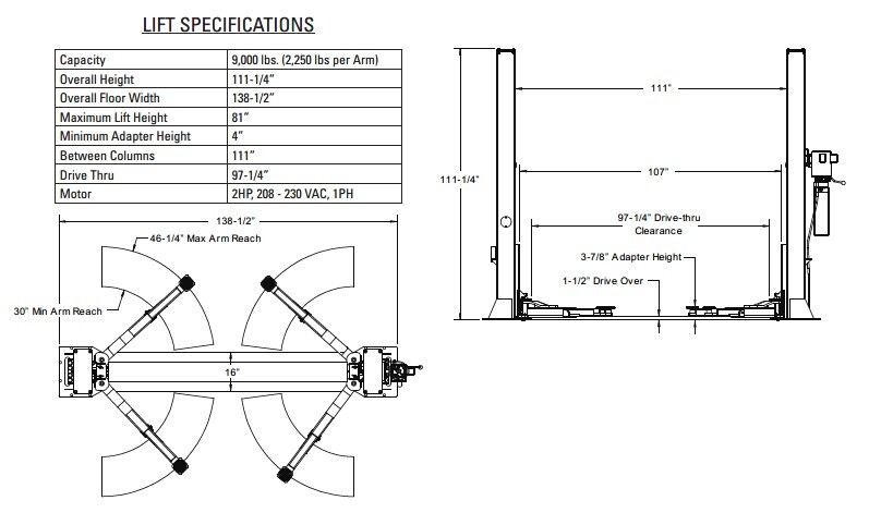 Forward BP9 2-Post 9000lb Low Clearance (113" or more) Symmetric Lift ...