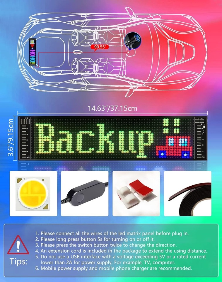 USB LED Car Flexible Sign Scrolling Message Display Screen APP ...