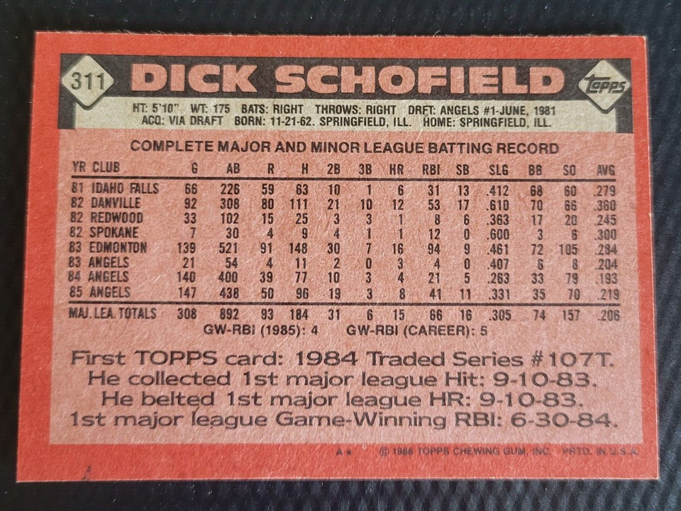 1986 Topps TCG Shortstop DICK SCHOFIELD Los Angeles Angels MLB Baseball ...