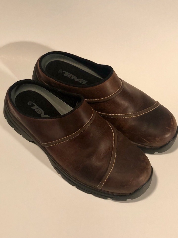 Women’s Teva Brown Leather Shoes 6860 Slip On Mules Slides Loafer Clogs ...