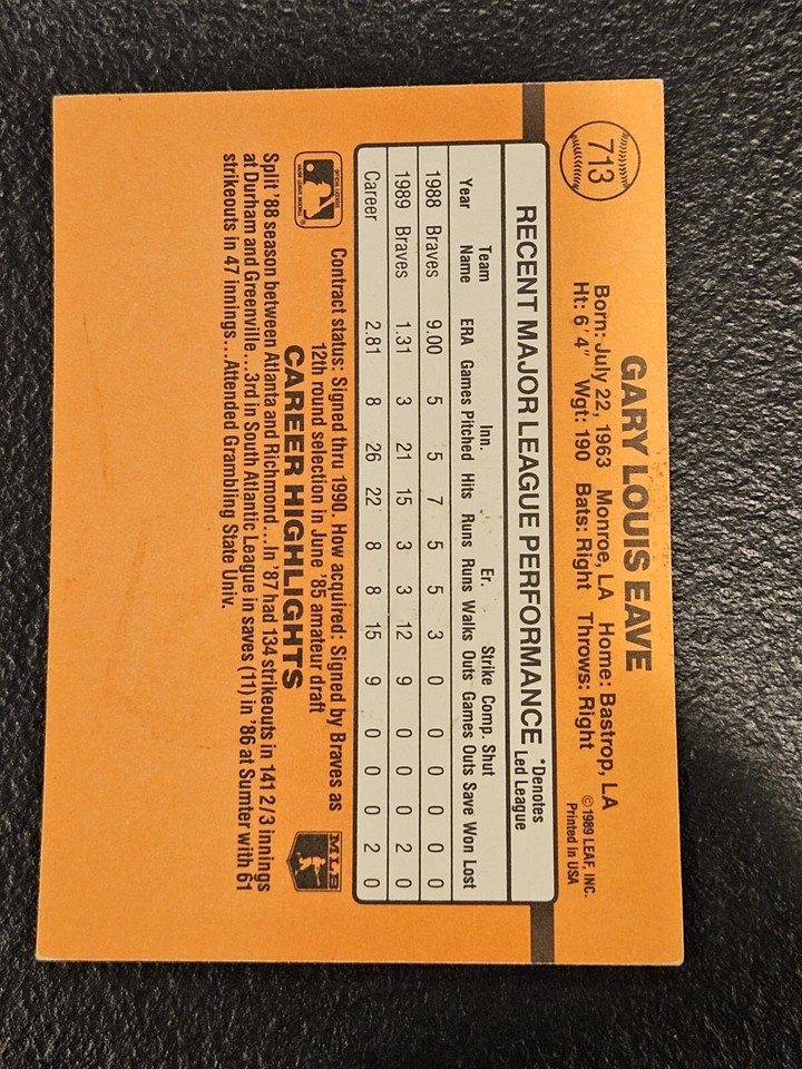 1990 Donruss Gary Eave #713 IP Autographed Card Atlanta Braves | eBay