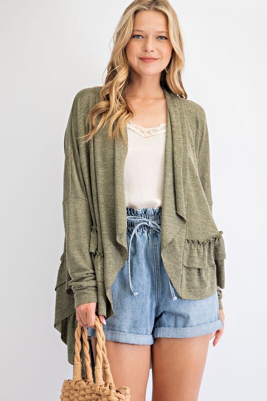 1X 2X 3X EASEL SAGE Heather Hacci Knit High Low Ruffled Hem Jacket ...