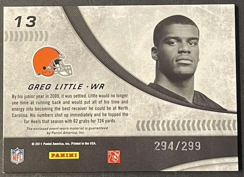 2011 Donruss Elite New Breed Jersey /299 Greg Little #13 Rookie RC | eBay