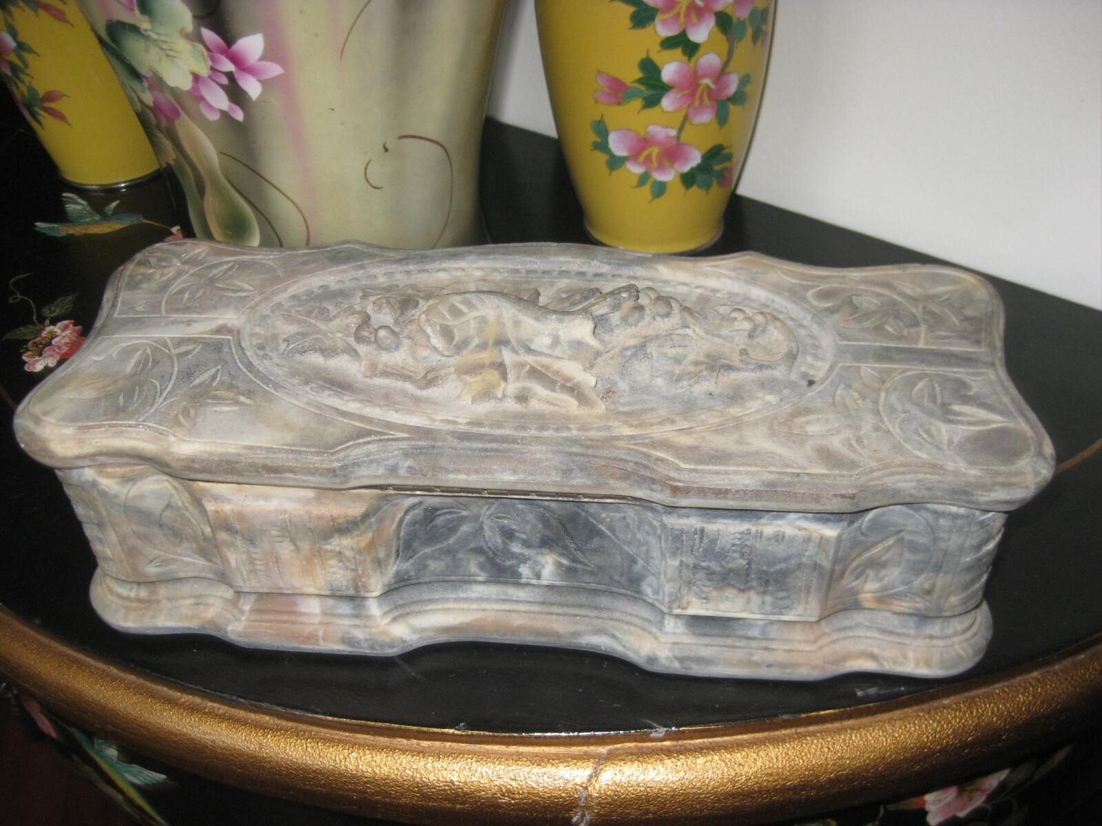 Hand Carved INCOLAY STONE JEWELRY BOX, TRINKET BOX with Black Velvet ...