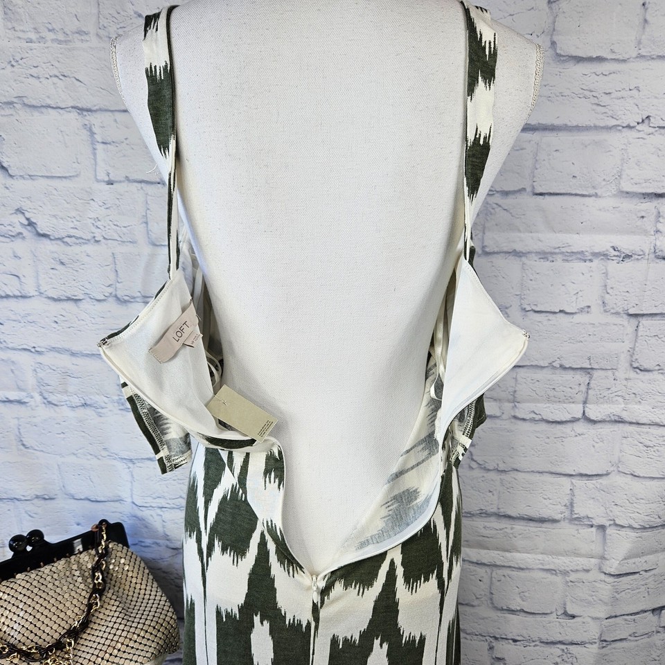 NWT Ann Taylor LOFT Size MP Green/Ivory Ikat Print Sleeveless Ruffle ...