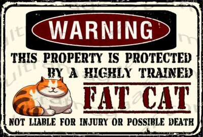WARNING PROPERTY PROTECTED by HIGHLY TRAINED FAT CAT orange white METAL ...