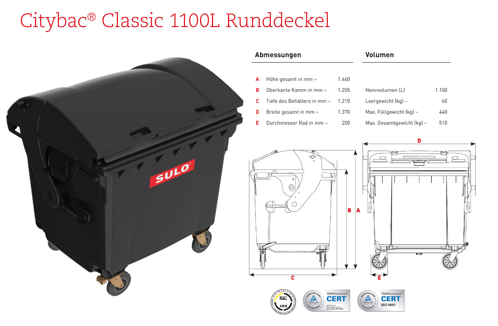 SULO Müllcontainer 660 und 1100 Liter Müllgroßbehälter Mülltonne farbig ...