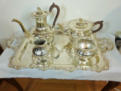 RIDEAU PLATE BY BIRKS 5 PC. GADROON & SHELL TEA & COFFEE SET with 25 1/ ...