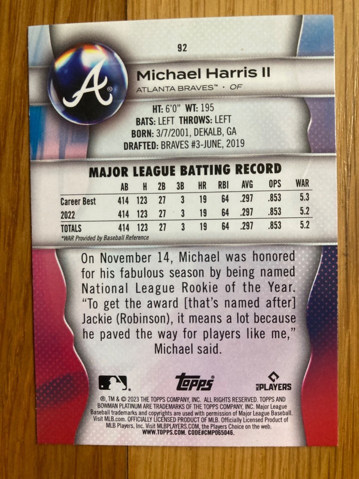 2023 BOWMAN PLATINUM MICHAEL HARRIS II ROOKIE RC #92 BRAVES NM | eBay