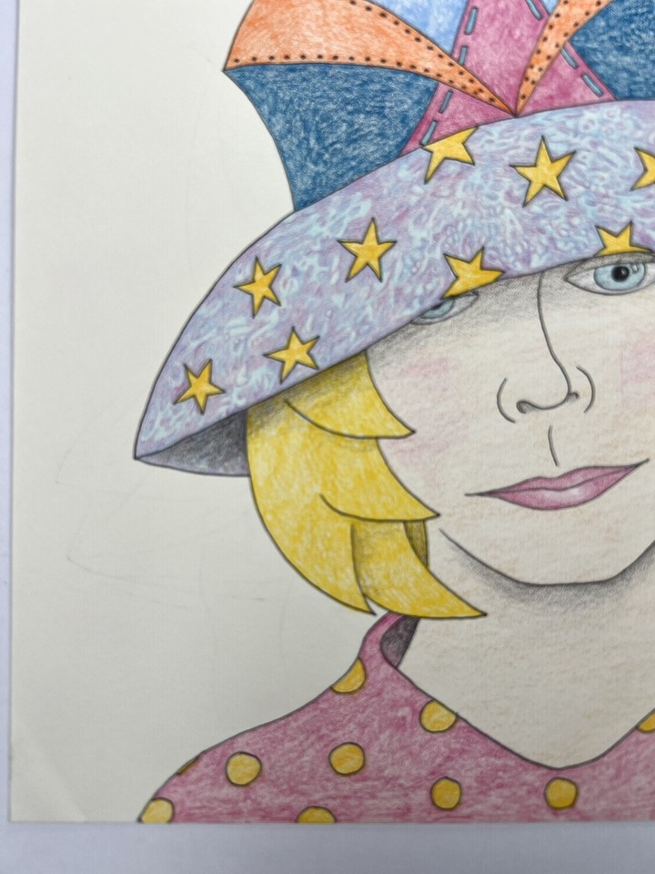Women Fashion Drawing Folk Art Star Hat 14x11” Folksy Yellow Polka Dots ...
