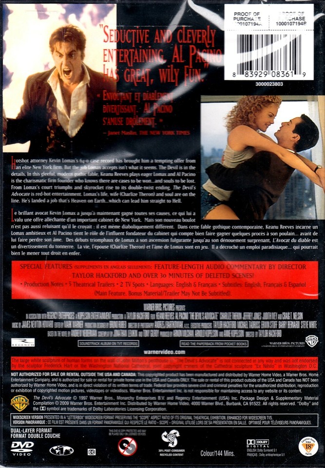 Devil's Advocate - Keanu Reeves , Al Pacino, Charlize Theron Used Horror DVD | eBay