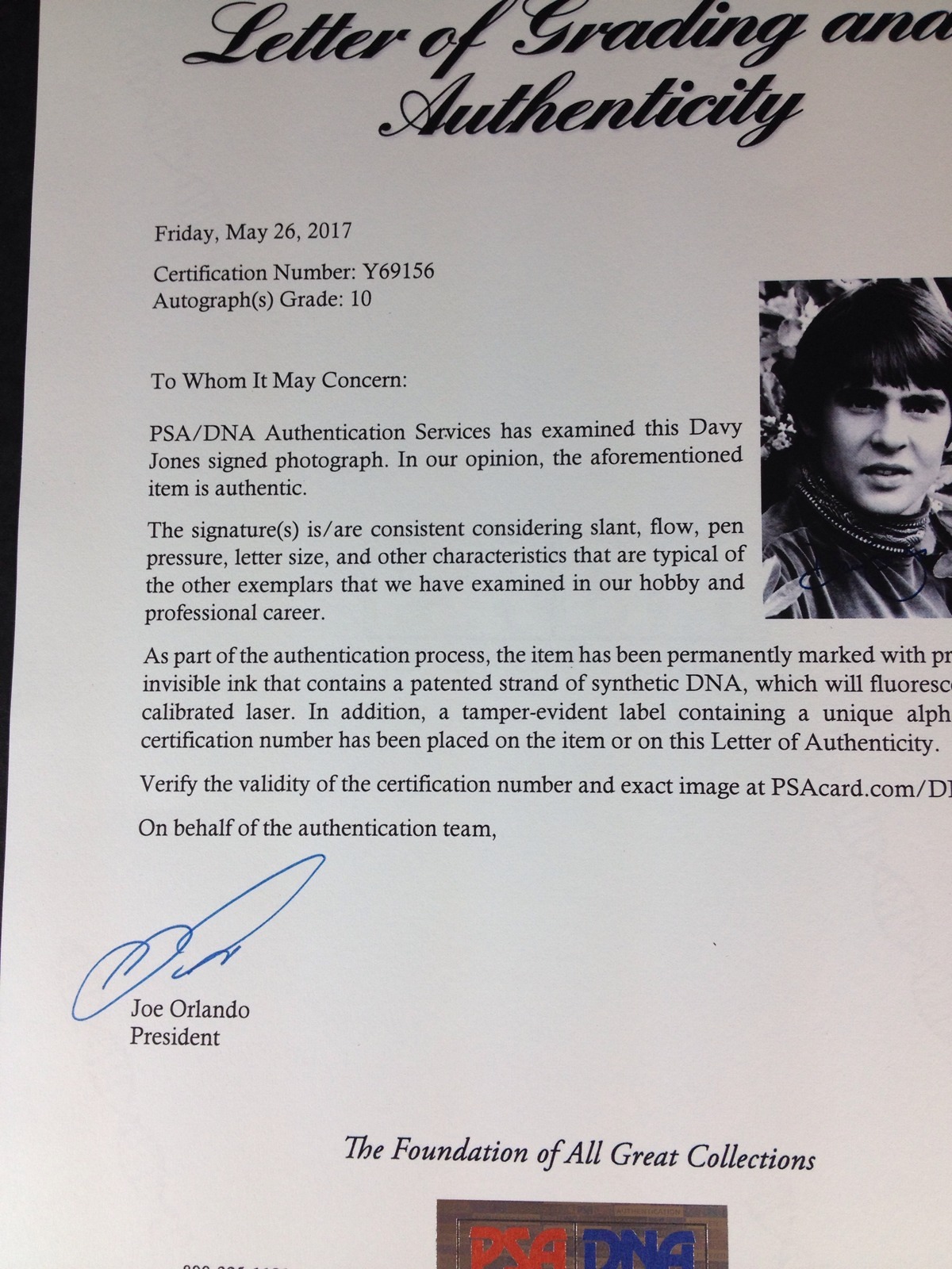 The Finest, Davy Jones The Monkees Autograph 11 X 14 Photo PSA GRADE 10 ...