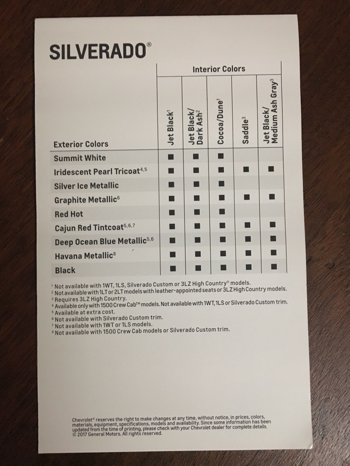 2018 CHEVROLET SILVERADO DEALERSHIP EXTERIOR COLOR CHART NEW | eBay