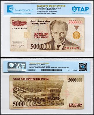 Turkey 5 Million Lira, L.1970 (1997), P-210, Used, Authenticated ...