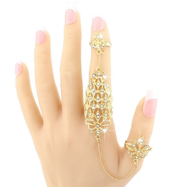 Fashion Charm Hollow Out Flower Leaf Full Finger Link Double Finger ...