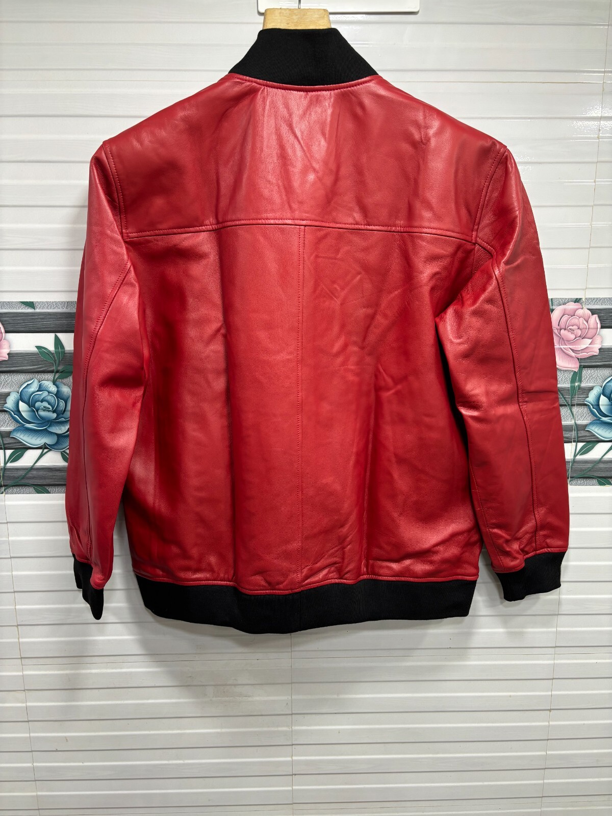 Men's Red Flight Bomber Jacket 100% Real Leather Knitted Rib Moto Biker ...