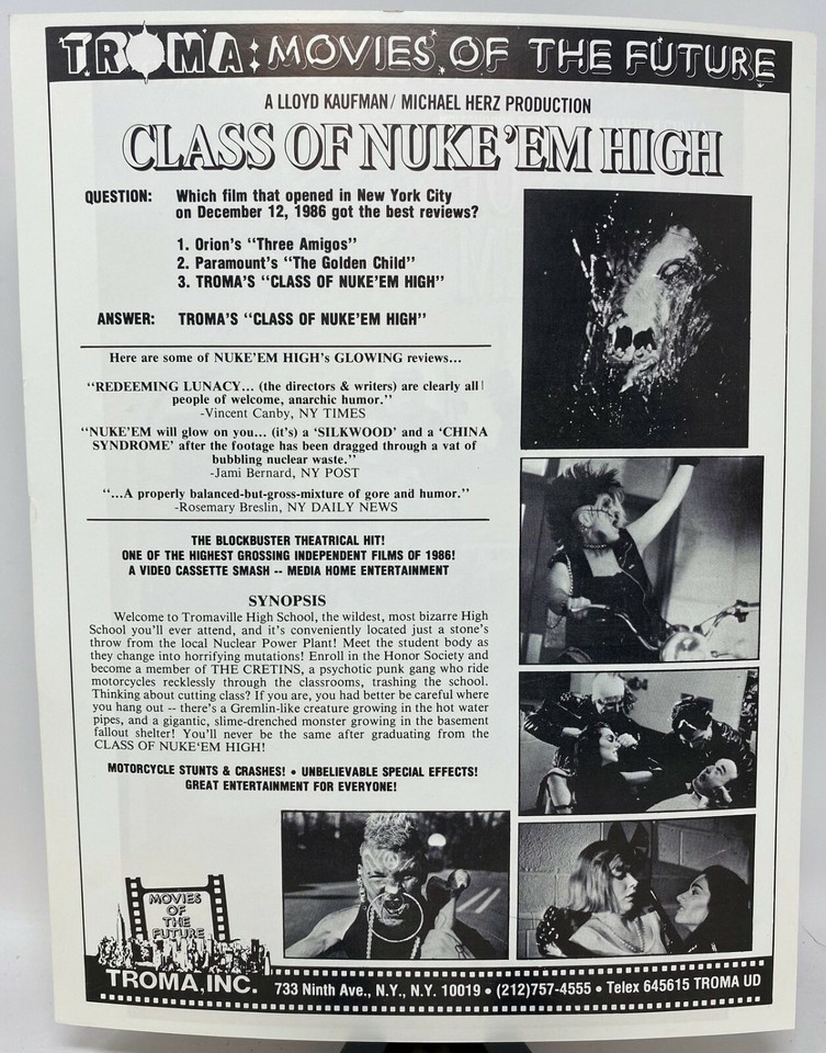 Vintage 1986 Class Of Nuke Em High Janelle Brady Gil Brenton Press Kit ...