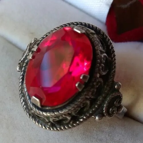 RARE Vintage old Elegant red stone ring SILVER 875 stamp USSR ANTIQUE ...