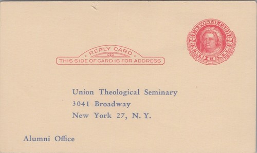 Union Theological Seminary Alumni Information Card New York postal card ...