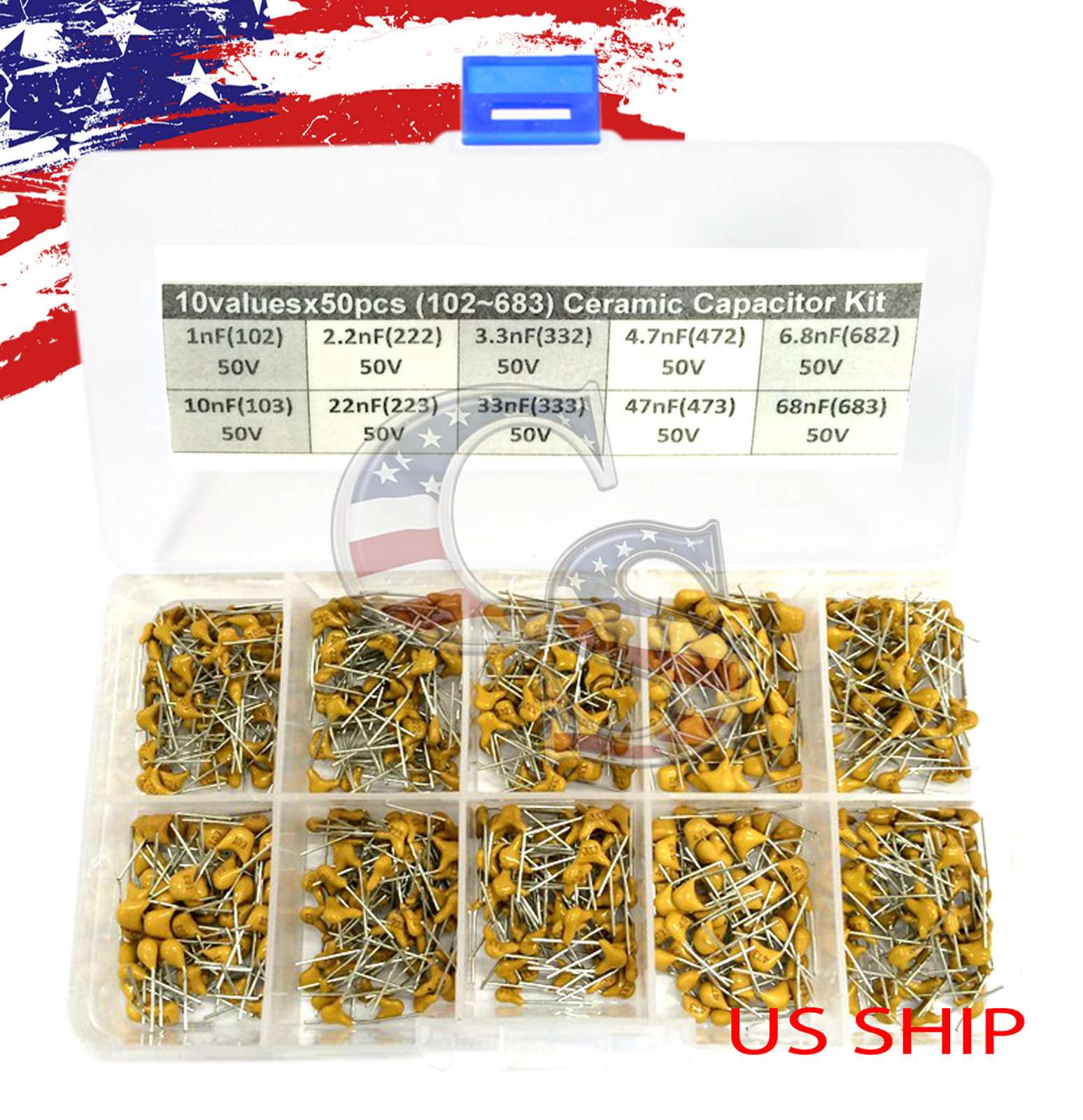 10 Types x 50 1nF~68nF (102~683) Monolithic Ceramic Capacitor Assorted ...