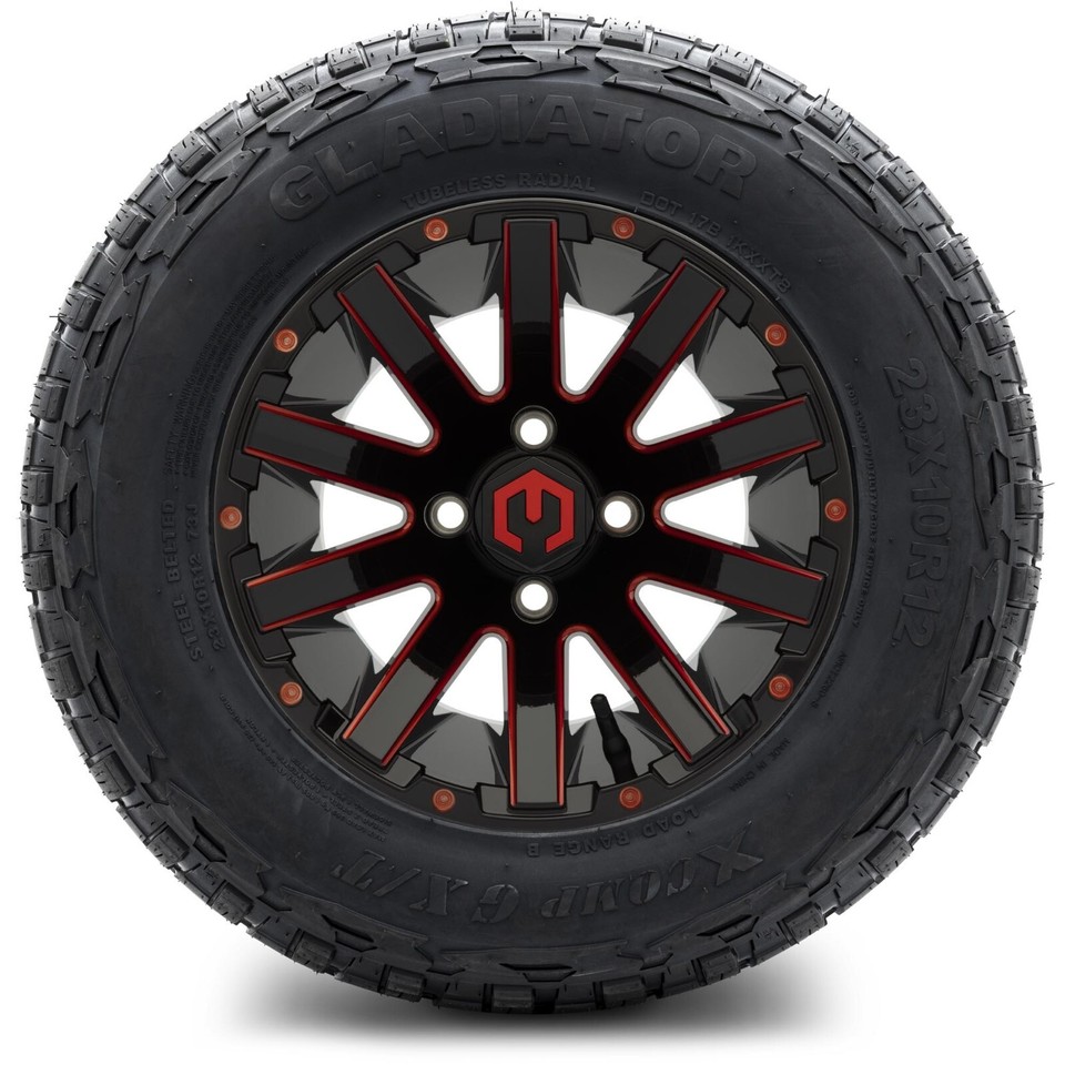 MODZ 12" Mauler Black and Red Golf Cart Wheels and Tires (23x10R12) Set ...