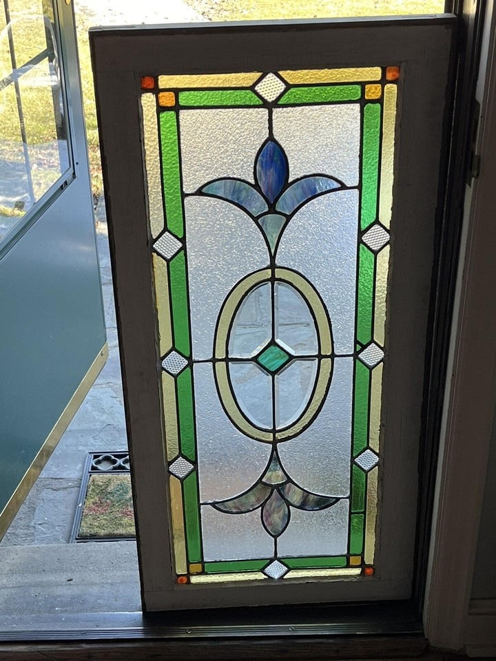 ANTIQUE STAINED LEADED GLASS WINDOW BEVELED/CUT GLASS ACCENTS COAL MINE ...
