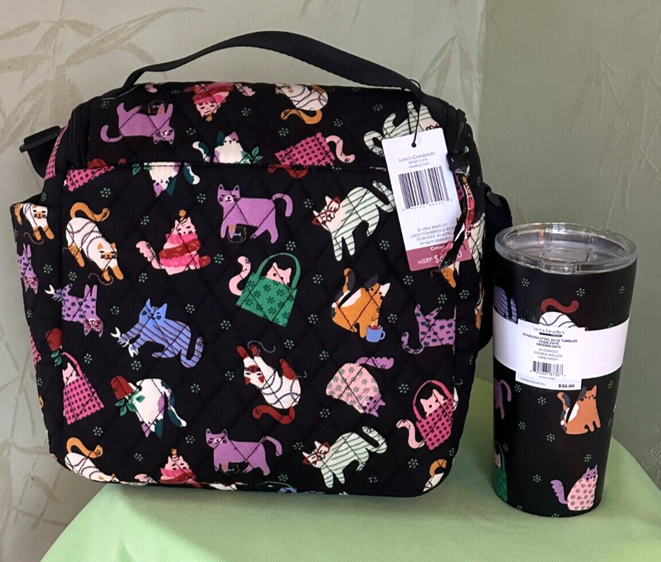 VERA BRADLEY HERDING CATS LUNCH CROSSBODY BAG + STAINLESS TUMBLER (SET ...