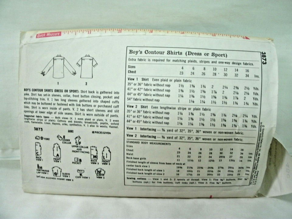 VTG 1950's SIMPLICITY Pattern--#3873- Boy's Contour Shirts/Dress/Sport ...