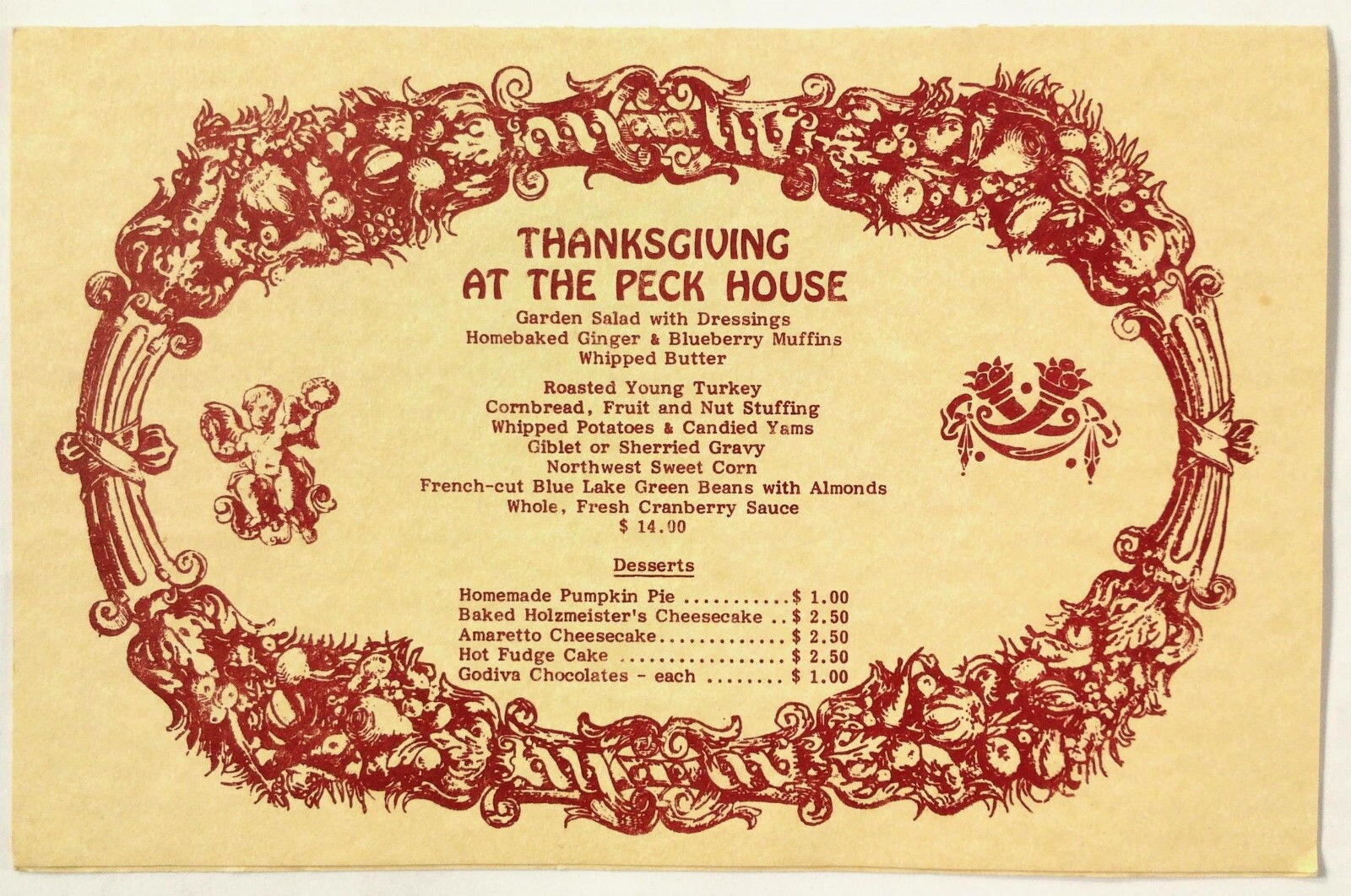 1980's Vintage Thanksgiving Dinner Table Menu Card THE PECK HOUSE ...