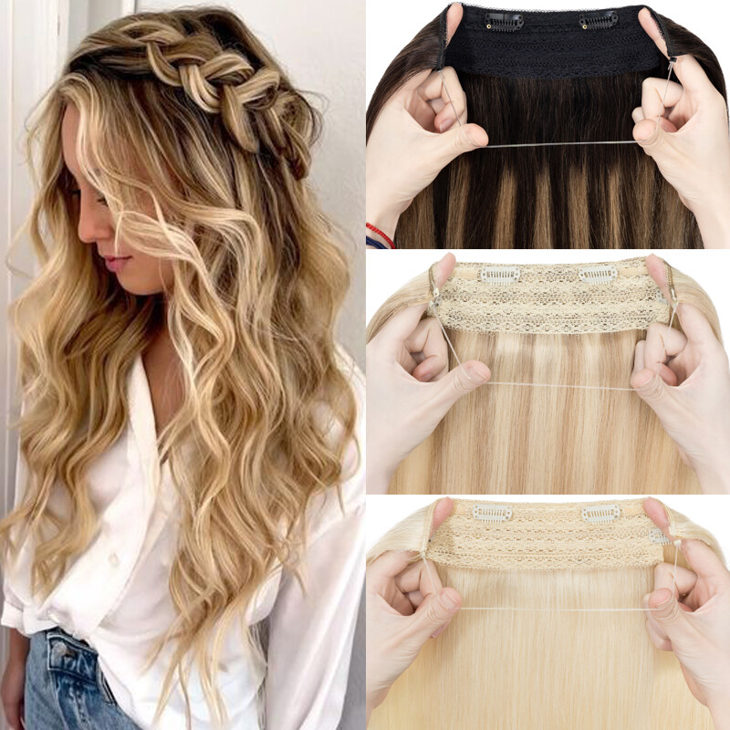 Invisible Wire In Real Thick Human Hair Extensions Hidden Headband Hair ...