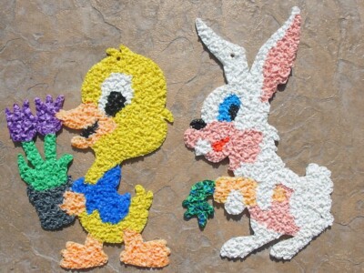 Vtg Melted Popcorn Plastic Easter Decor Window Wall Hang Floral Bunny ...