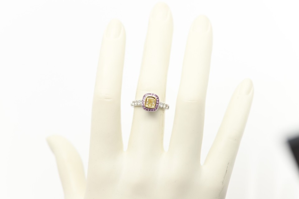 18k Natural Yellow Diamond Pink Sapphire ring white gold Art Deco ...