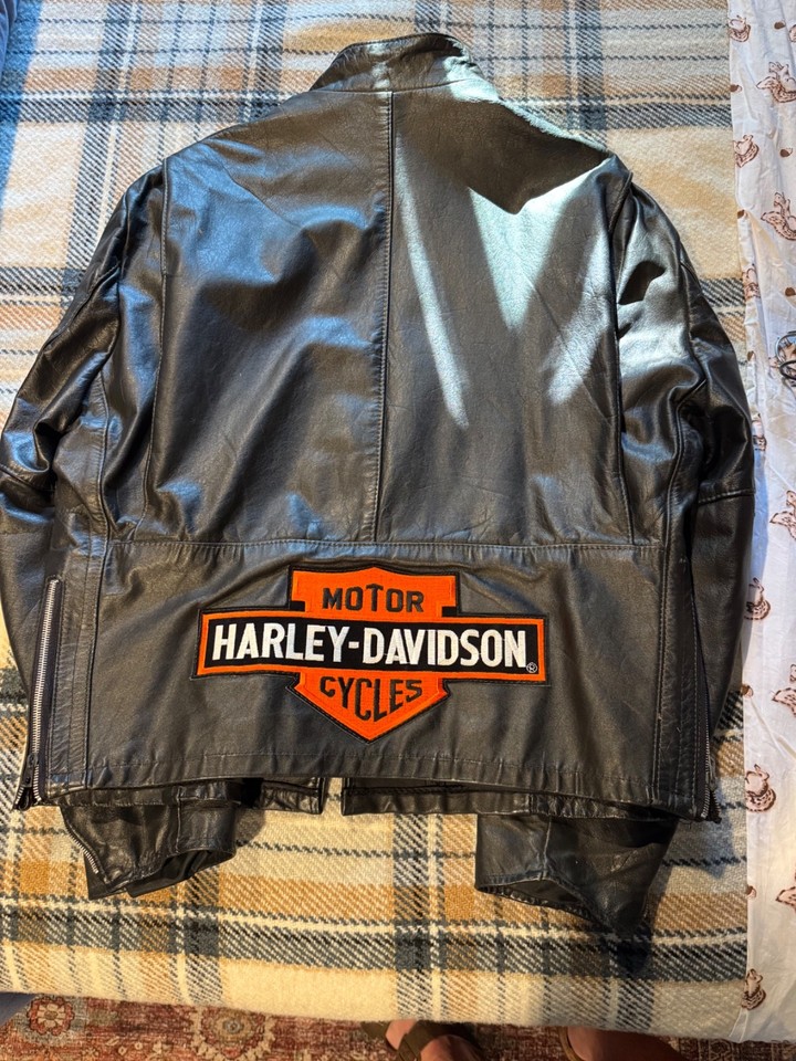 Leather Biker Jacket Size 46 w/Harley Davidson Patch lower back | eBay