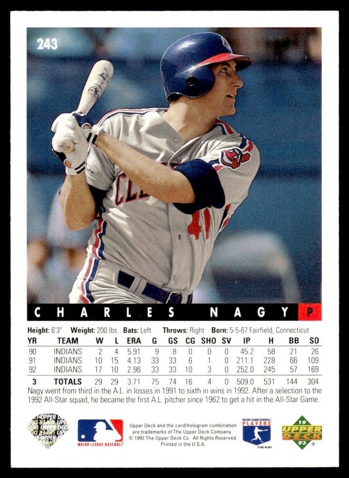 Charles Nagy 1993 Upper Deck #243 Cleveland Indians 24940 Baseball Card ...