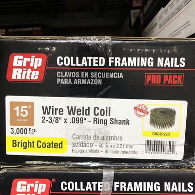 (BOX OF 3000) Grip-Rite 2-3/8” x .099” Bright 15 Deg. Round Head Ring ...
