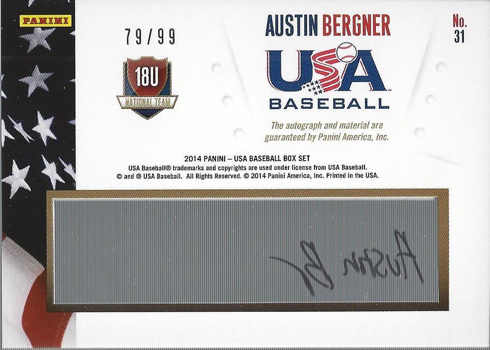 2014 USA Baseball 18U National Team Jerseys Sig. Austin Bergner Auto ...