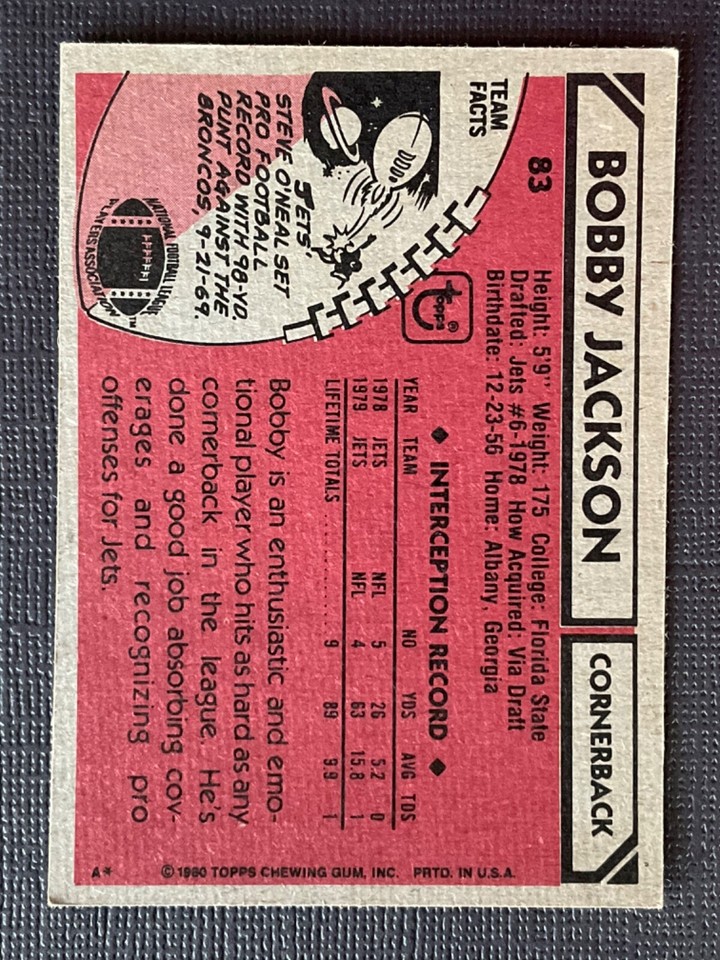 Bobby Jackson 1980 Topps Football Card #83 - New York Jets NM | eBay